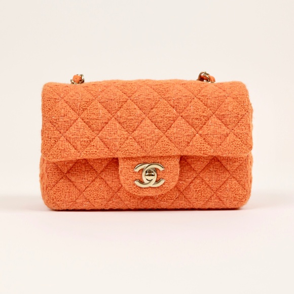 CHANEL | Bags | Chanel Mini Classic Tweed Flap Bag Orange Gold ...